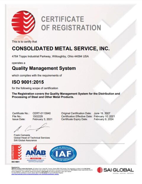 ISO 9001:2015 | Metal Slitting | Edge Conditioning | Consolidated-Metal